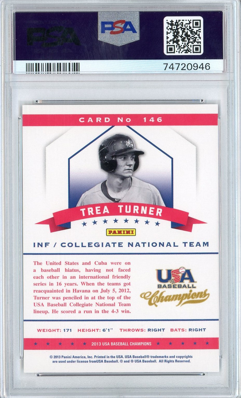 Graded 2013 Panini USA BB Champs Trea Turner #146 Mirror Red Rookie RC ...